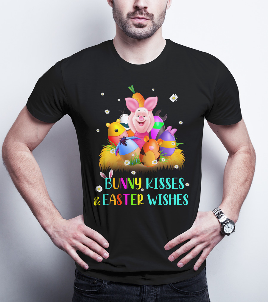 Bunny Kisses & Easter Wishes Piglet Colorful Eggs And Flowers T-Shirt