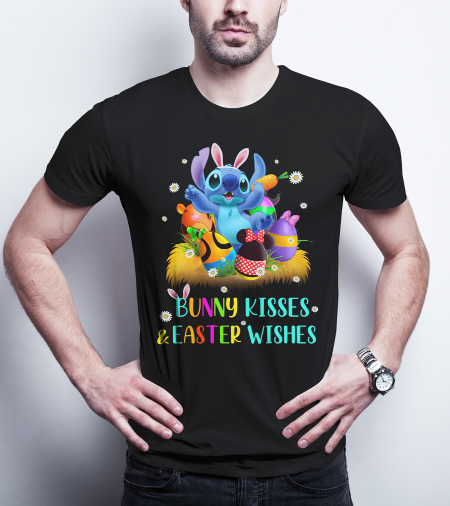 Bunny Kisses & Easter Wishes Stitch With Colorful Eggs And Spring Flowers T-Shirt