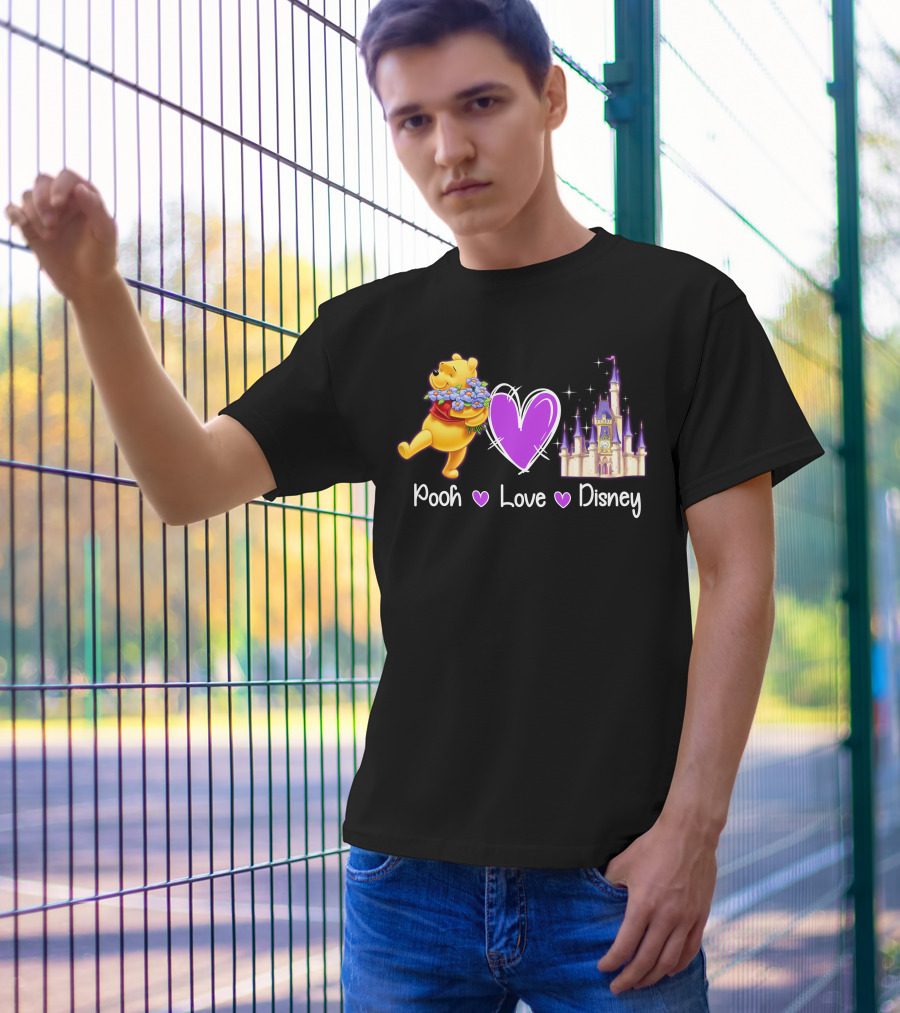 Pooh Love Disney With Purple Heart And Castle T-Shirt
