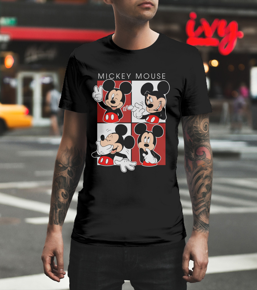 Mickey Mouse Expressive Poses Red And White Comic Panel T-Shirt