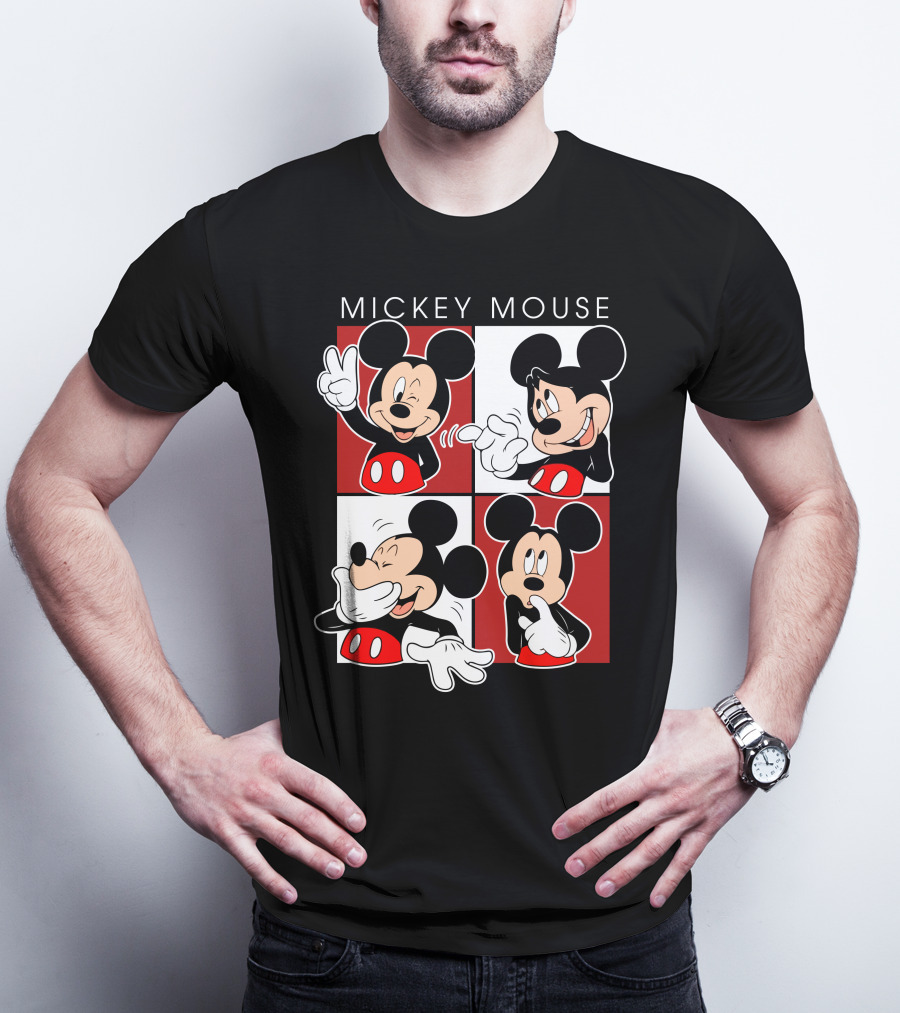 Mickey Mouse Expressive Poses Red And White Comic Panel T-Shirt