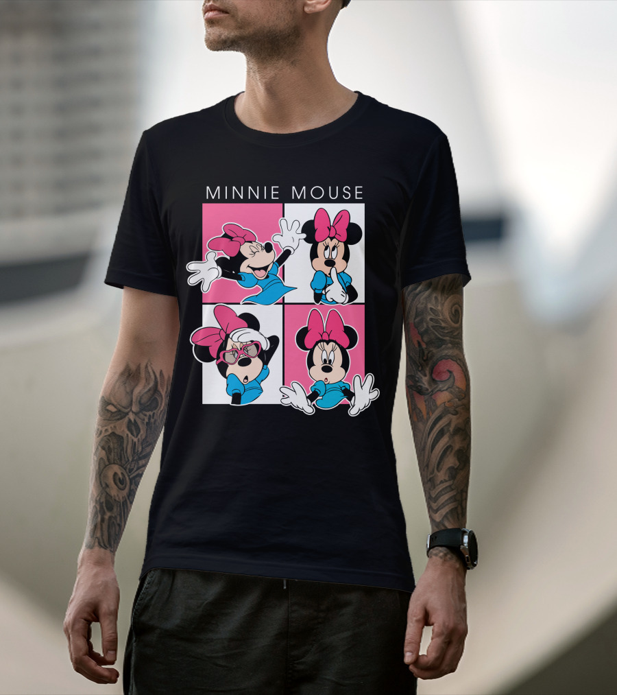 Minnie Mouse Expressive Poses In Blue Dress And Pink Bows T-Shirt