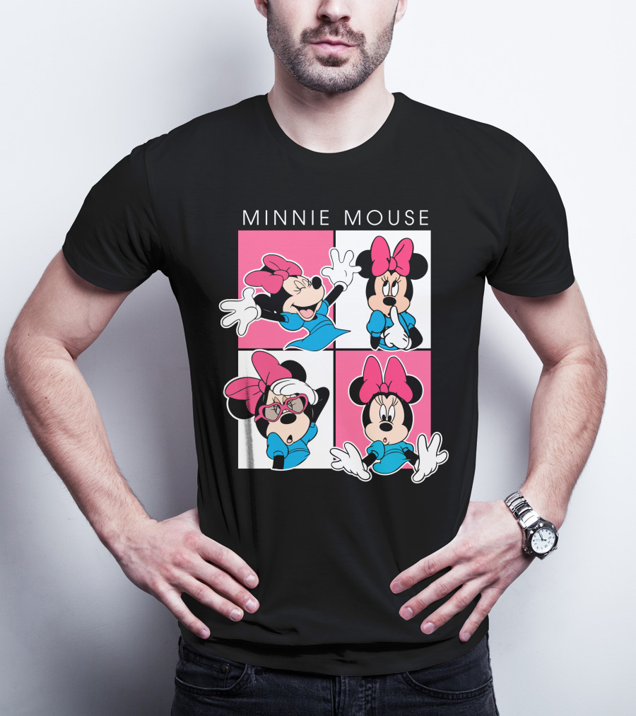 Minnie Mouse Expressive Poses In Blue Dress And Pink Bows T-Shirt