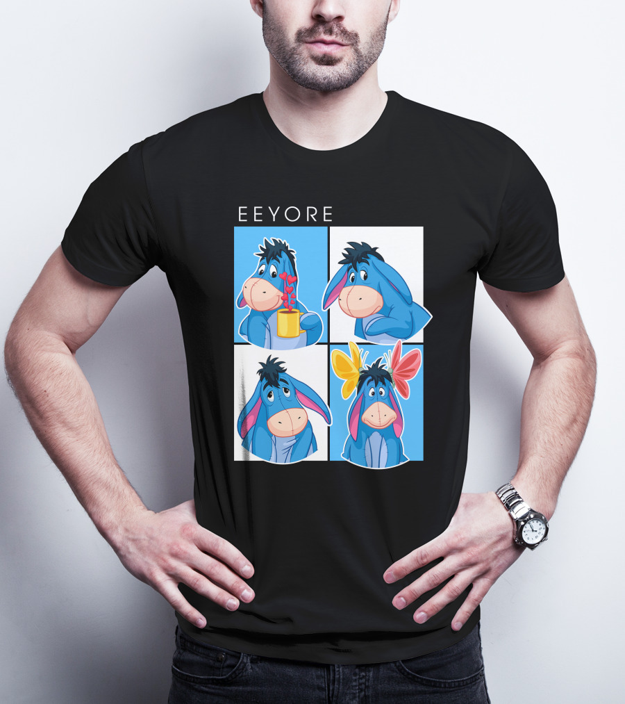 Eeyore Cartoon Expressions With Flowers And Mug T-Shirt