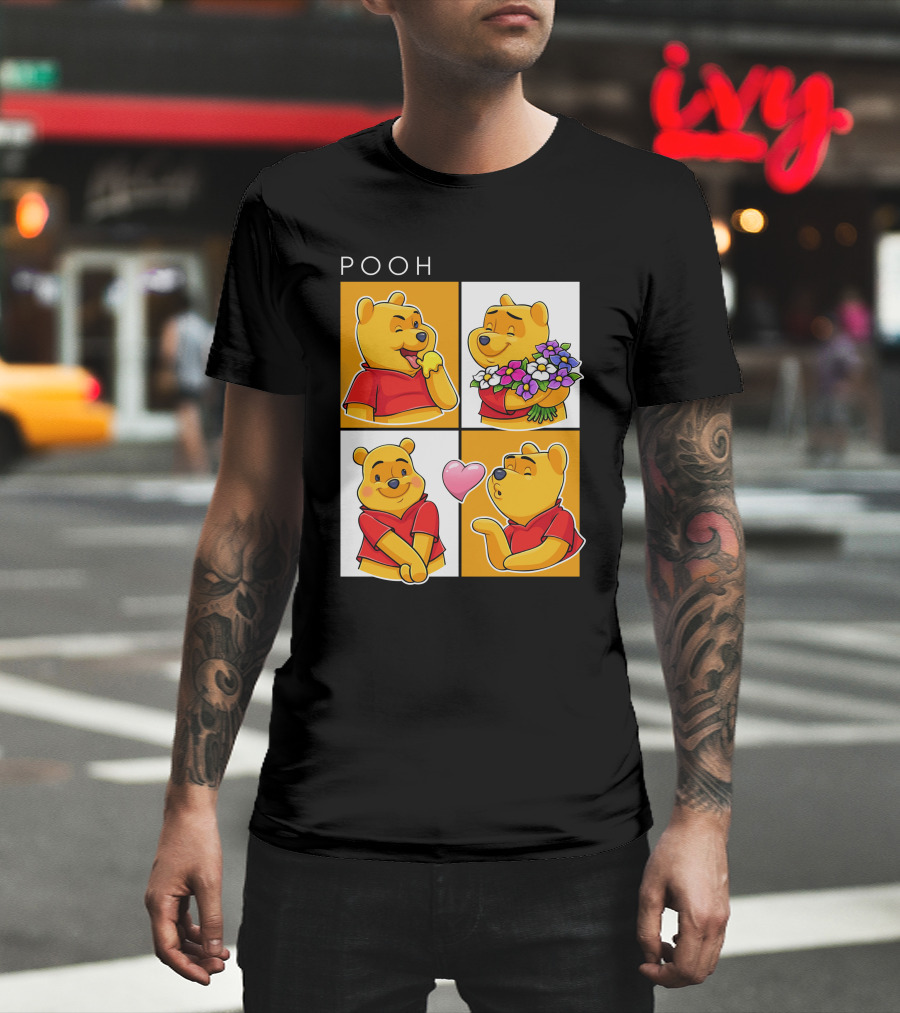 Pooh Cute Expressions And Flowers With Heart T-Shirt