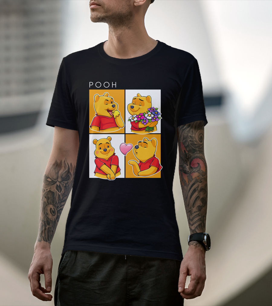 Pooh Cute Expressions And Flowers With Heart T-Shirt
