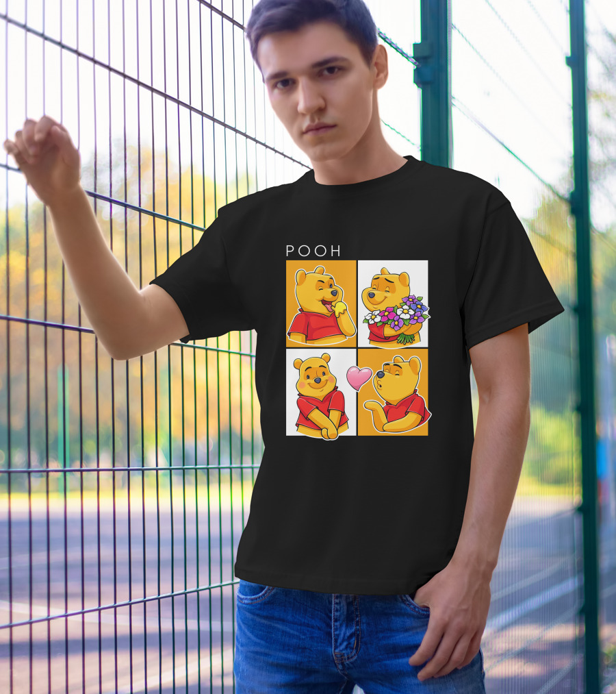 Pooh Cute Expressions And Flowers With Heart T-Shirt