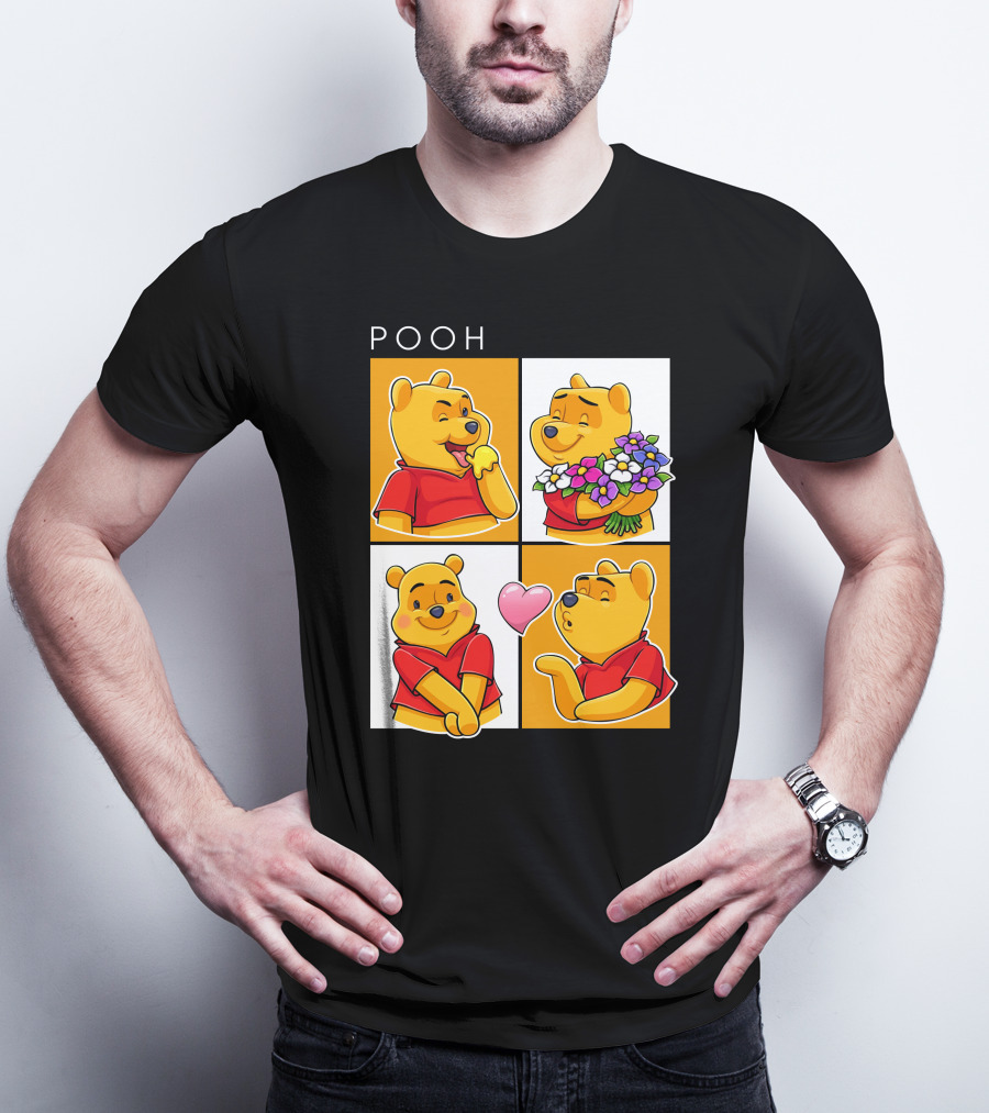 Pooh Cute Expressions And Flowers With Heart T-Shirt