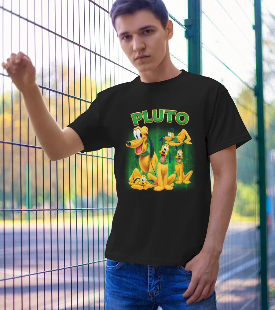 Pluto Classic Disney Character With Multiple Expressions On Green T-Shirt