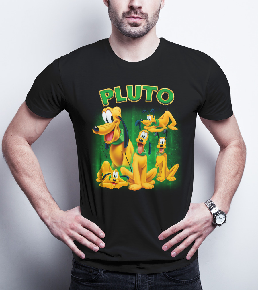 Pluto Classic Disney Character With Multiple Expressions On Green T-Shirt