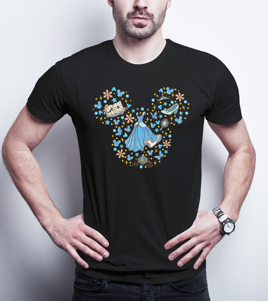 Cinderella Mickey Mouse Head Icon With Glass Slipper And Magic Elements T-Shirt