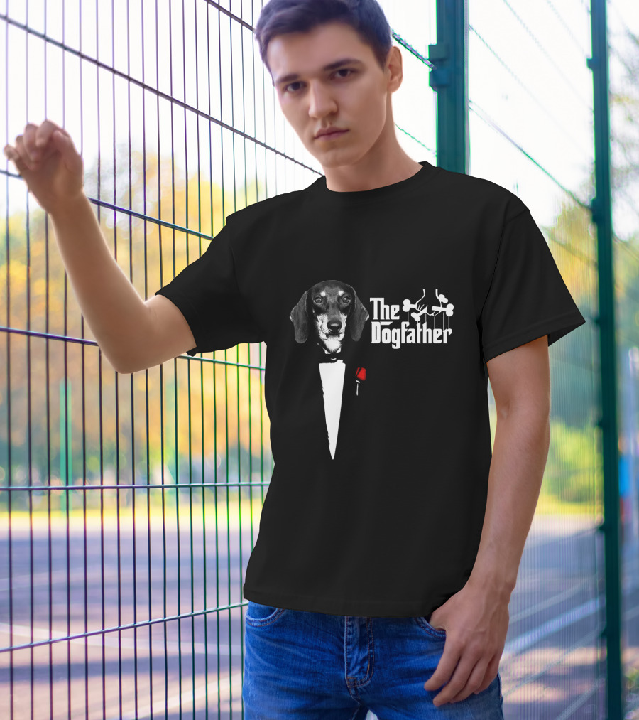 The Dogfather Dashund Tuxedo Rose Puppeteer T-Shirt