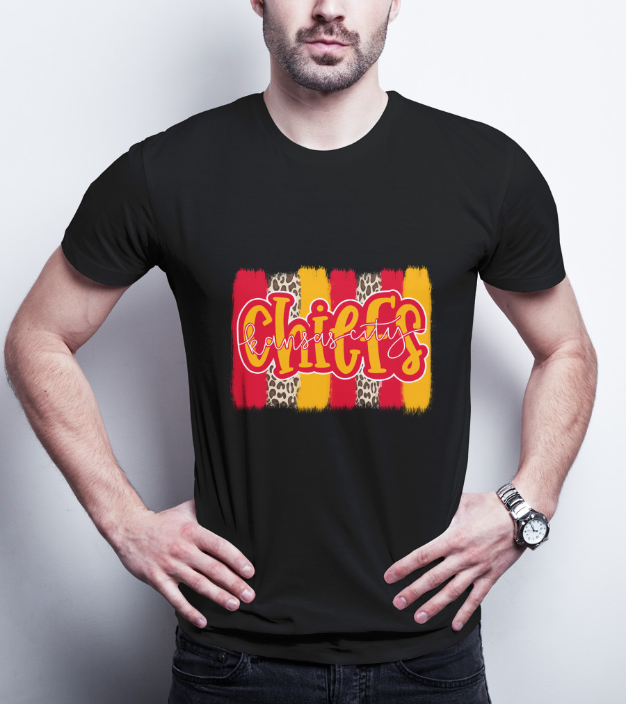 Kansas City Chiefs Handlettered Red Gold Leopard Stripes T-Shirt