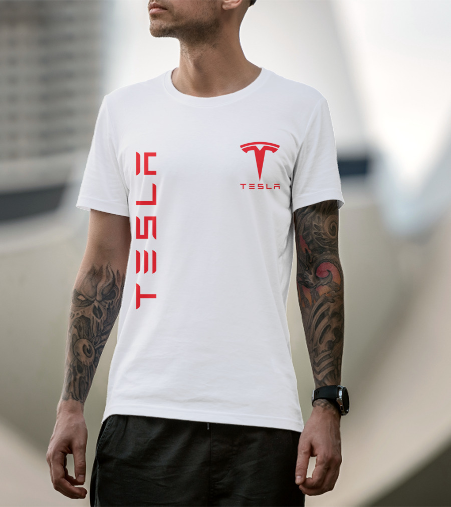 Tesla Vertical And Logo Red T-Shirt
