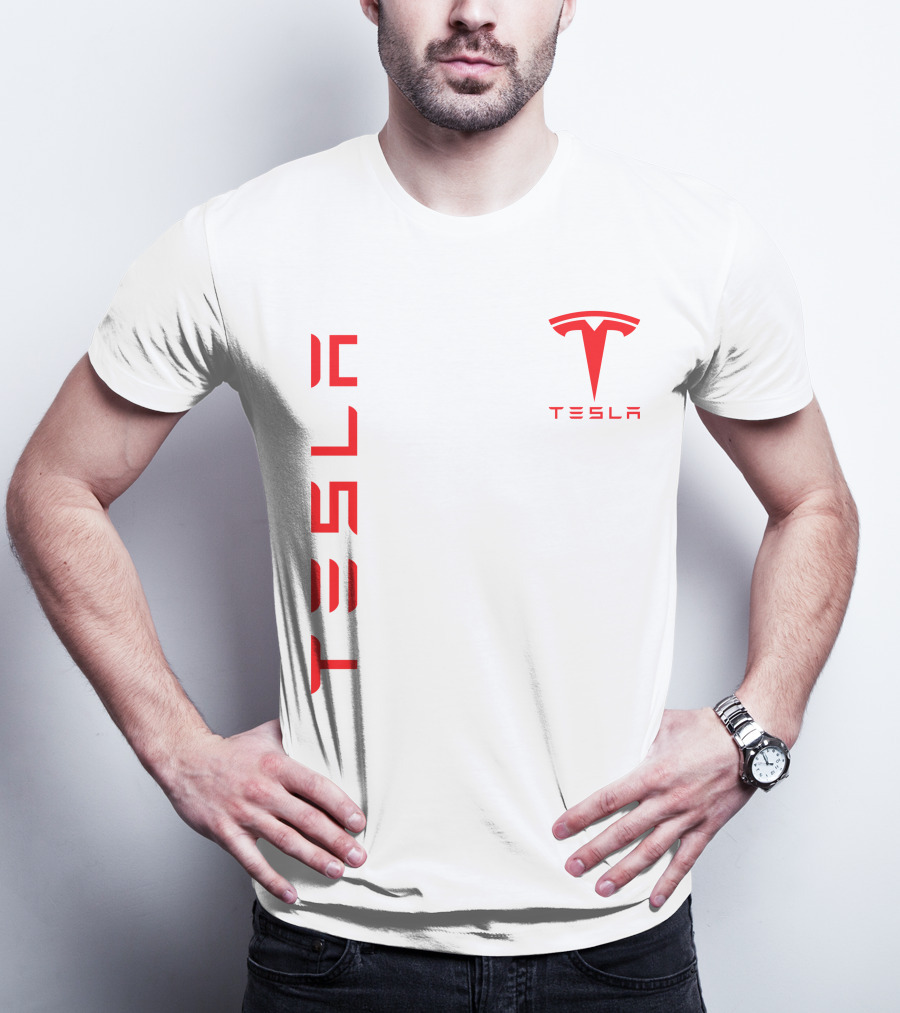 Tesla Vertical And Logo Red T-Shirt