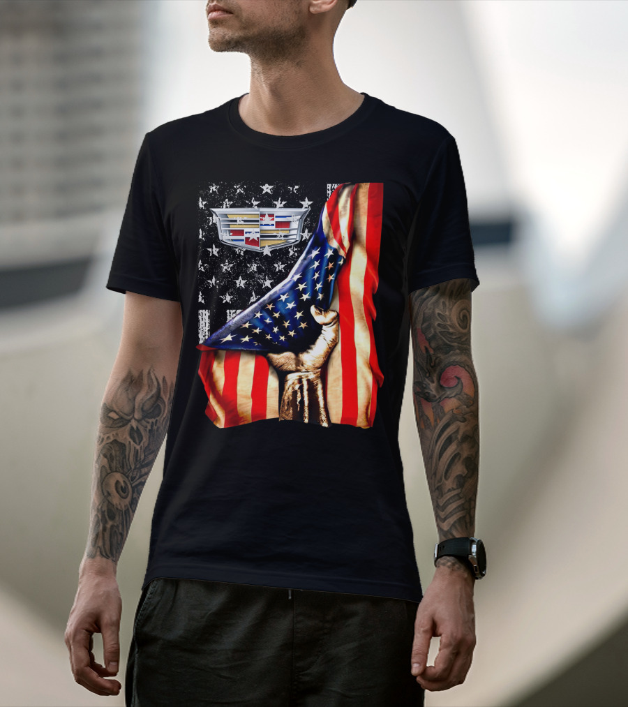 Cadillac Logo American Flag Hand Stars Stripes T-Shirt