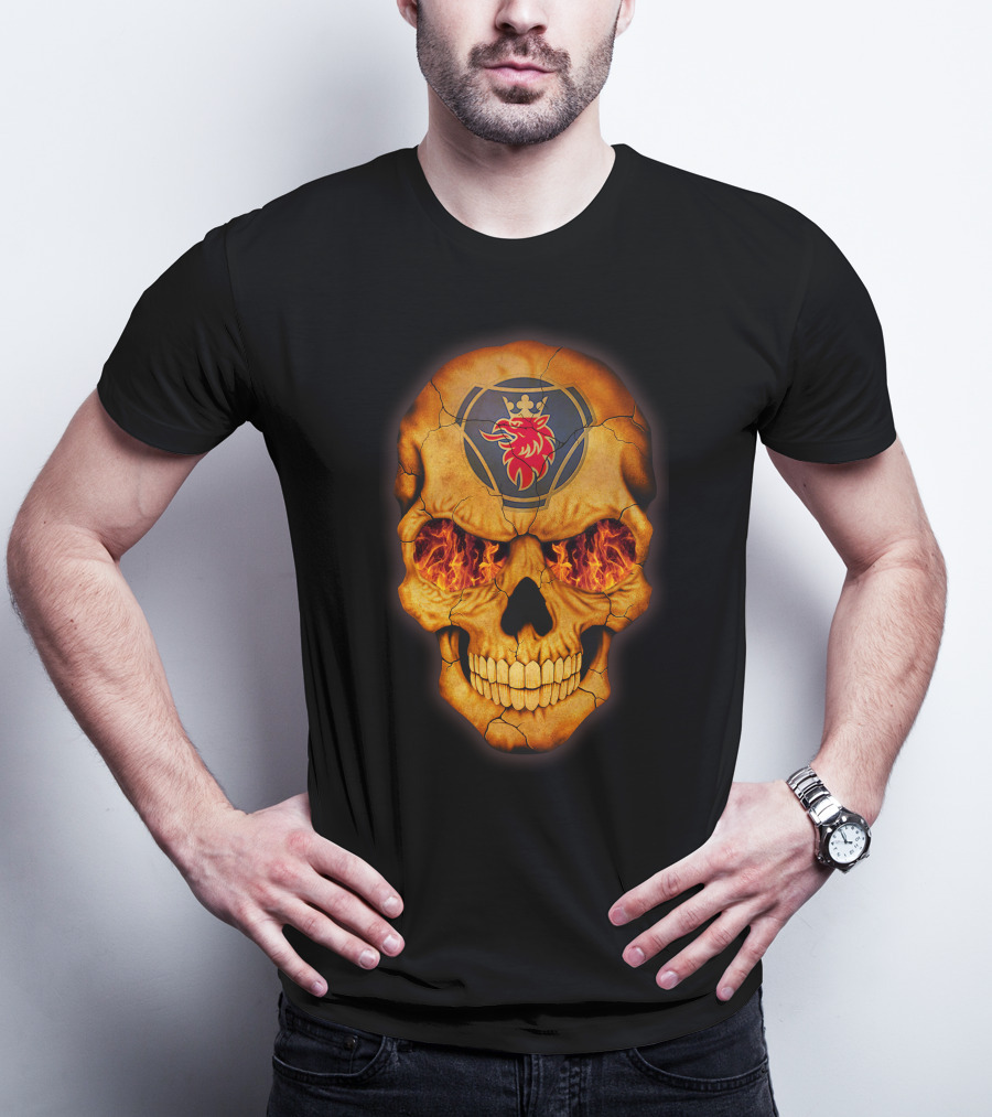 SCANIA Skull With Fiery Eyes And Lion Emblem T-Shirt