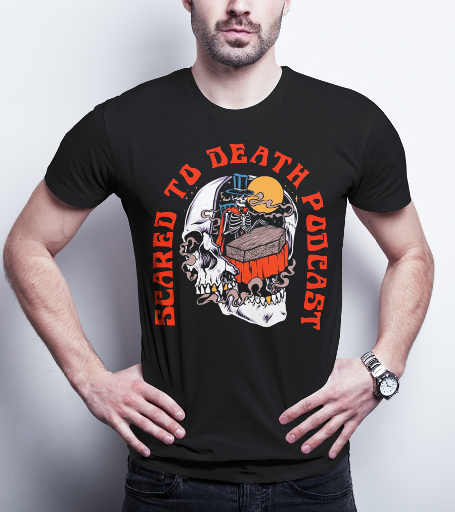 Scared To Death Podcast Skeleton Coffin Moon Skull T-Shirt