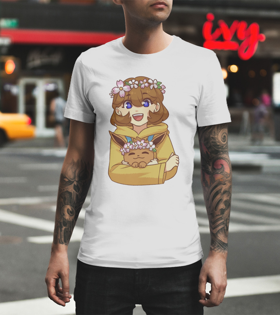 Ash With Flower Crown And Eevee Hugging T-Shirt