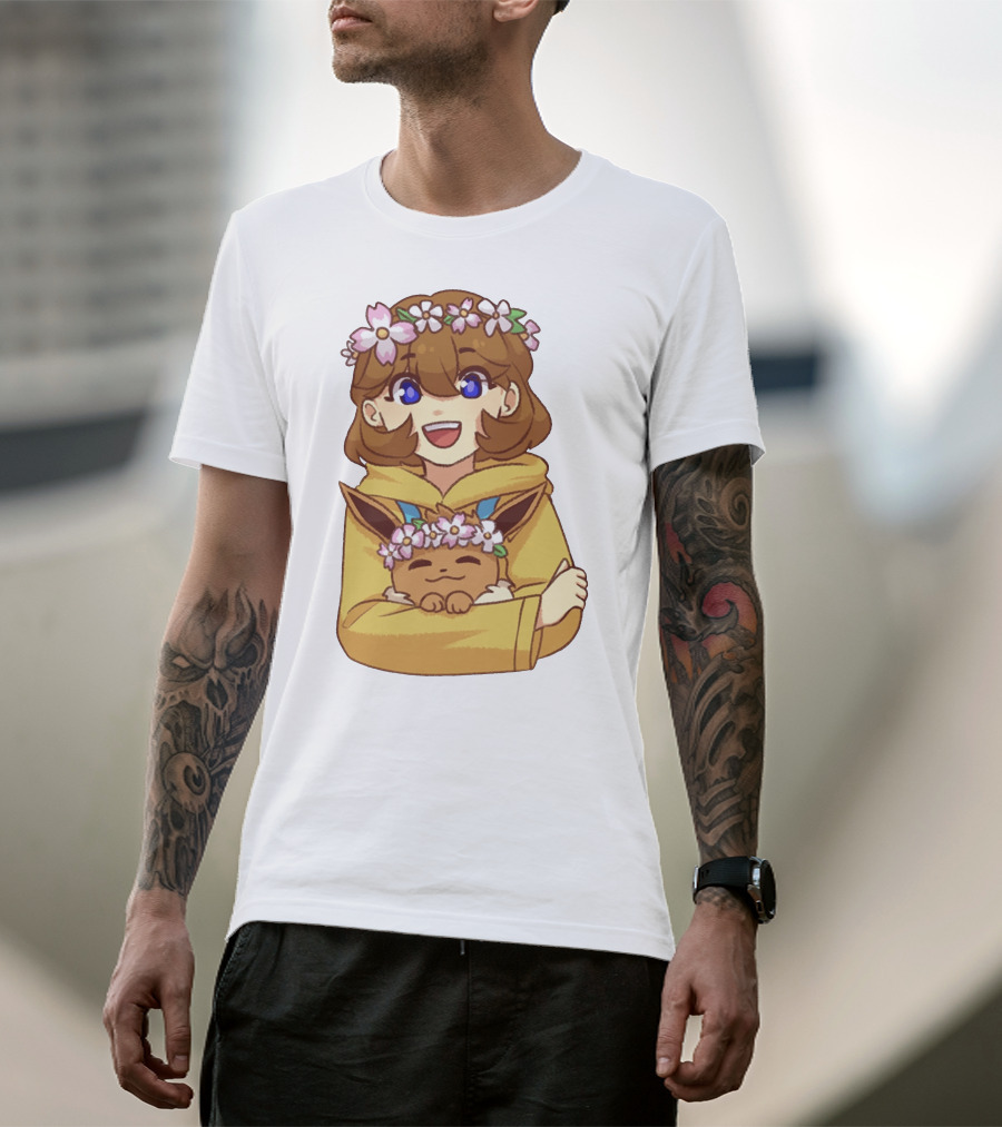 Ash With Flower Crown And Eevee Hugging T-Shirt