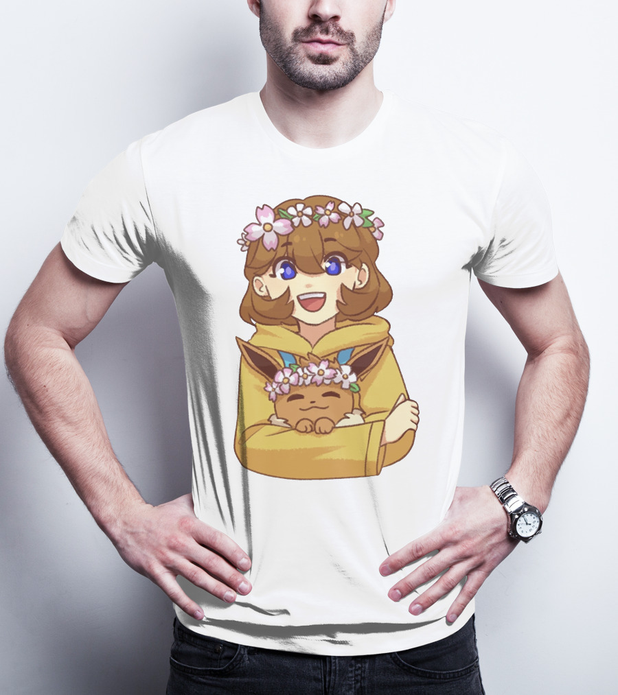 Ash With Flower Crown And Eevee Hugging T-Shirt