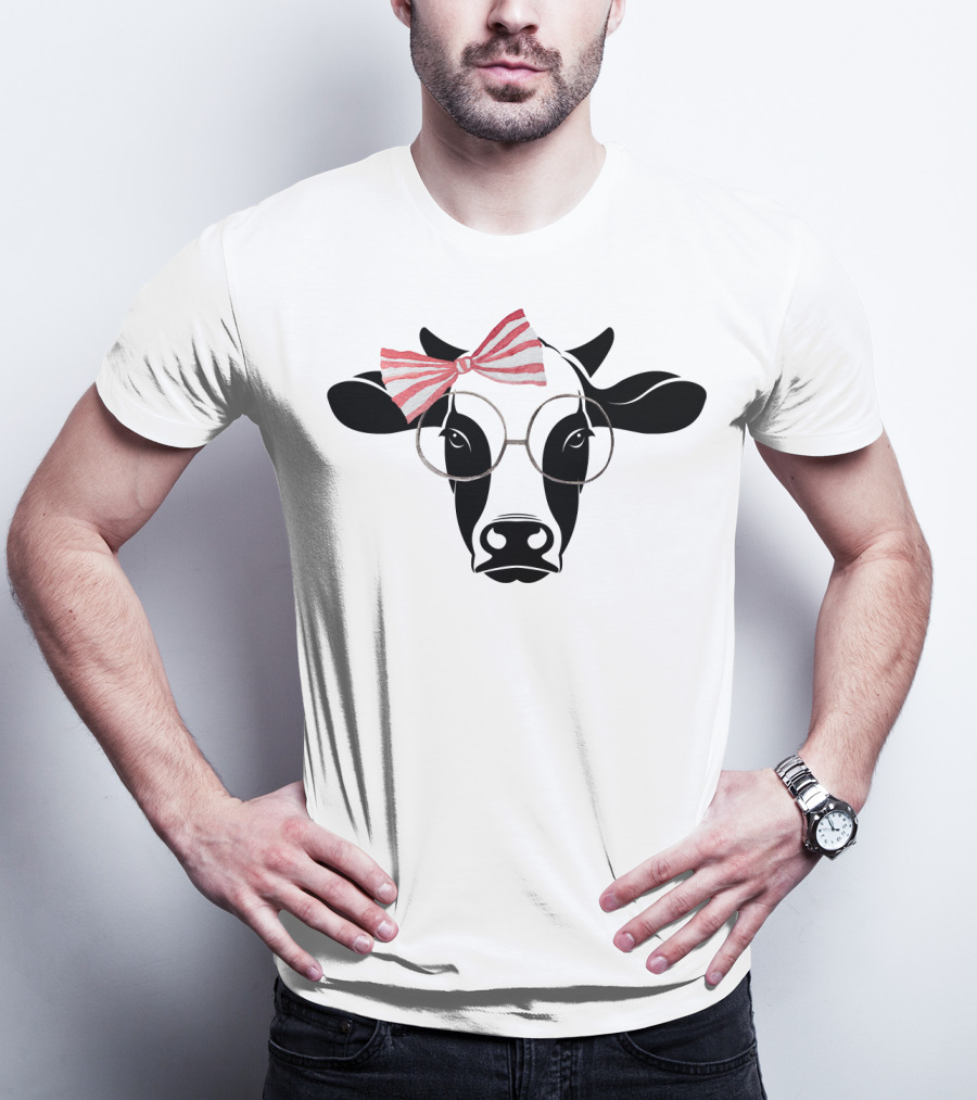 Cute Cow With Pink Striped Bow And Glasses T-Shirt