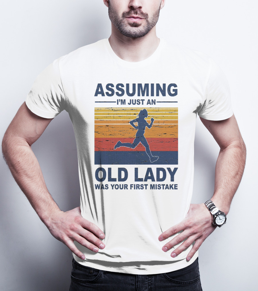 Assuming I'm Just An Old Lady Running Silhouette Retro Stripes T-Shirt