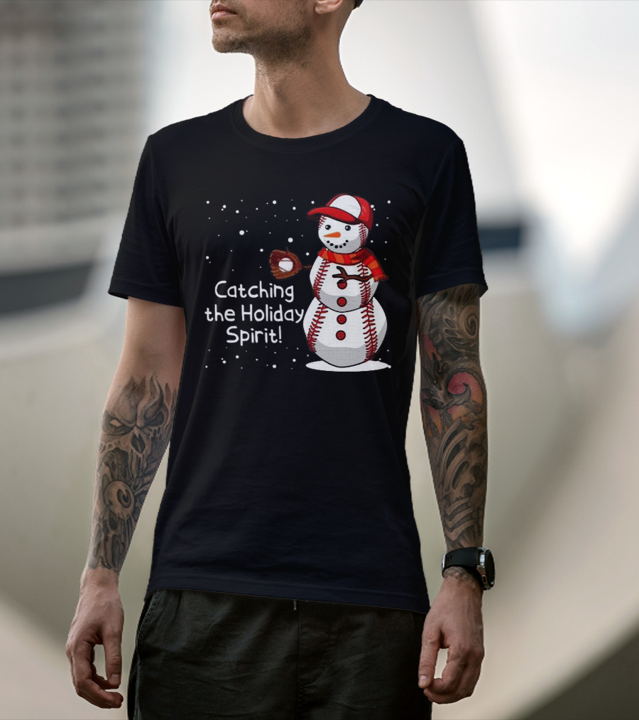 Catching The Holiday Spirit Baseball Snowman With Red Cap And Mitt T-Shirt