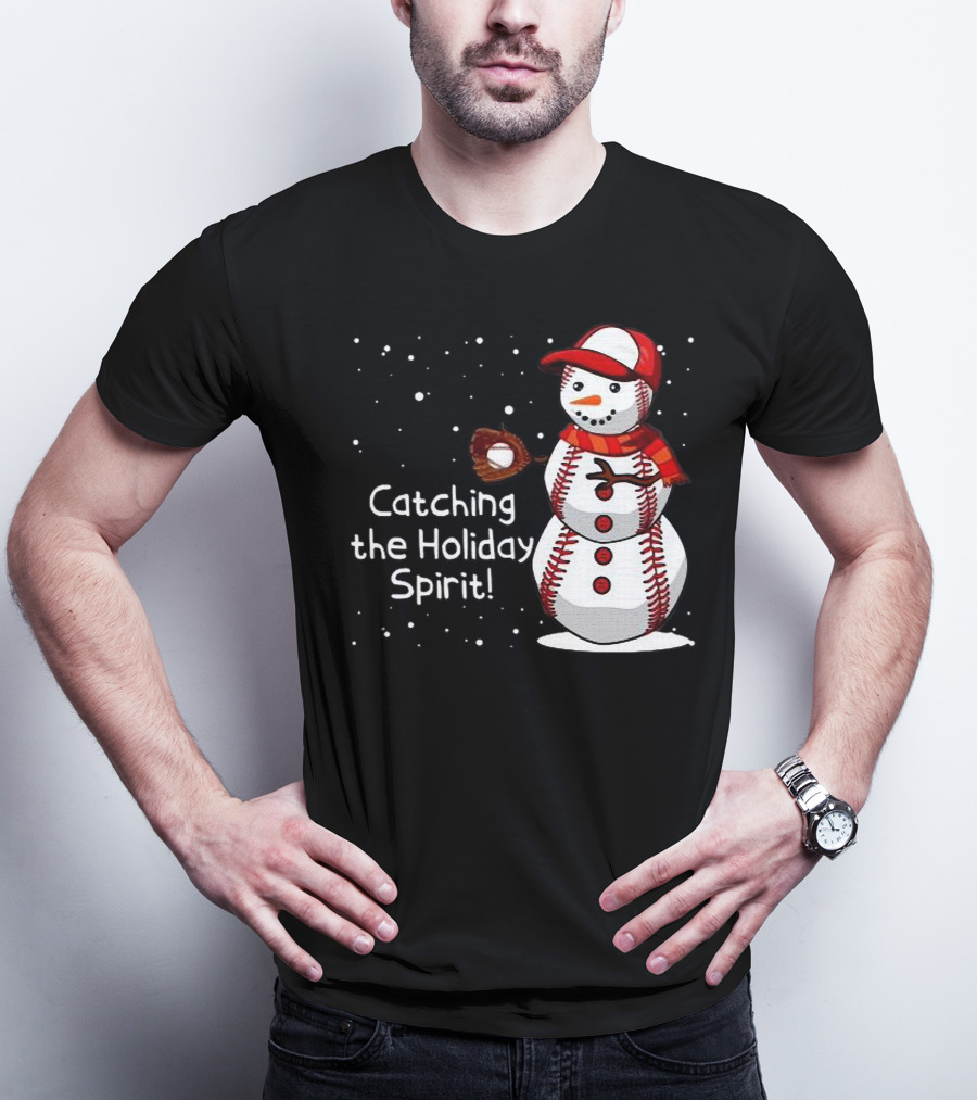 Catching The Holiday Spirit Baseball Snowman With Red Cap And Mitt T-Shirt
