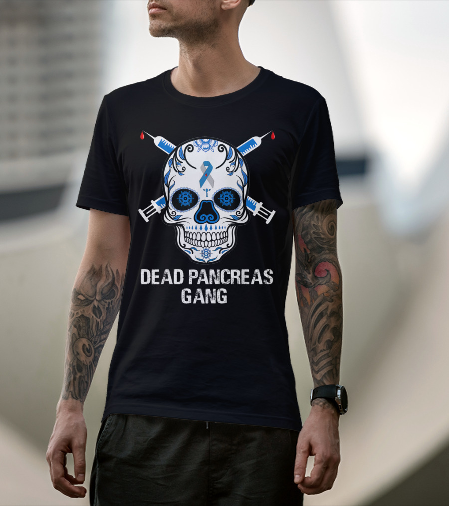 Dead Pancreas Gang Skull Diabetes Awareness Blue Ribbon Syringes T-Shirt