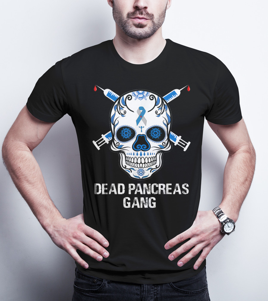 Dead Pancreas Gang Skull Diabetes Awareness Blue Ribbon Syringes T-Shirt