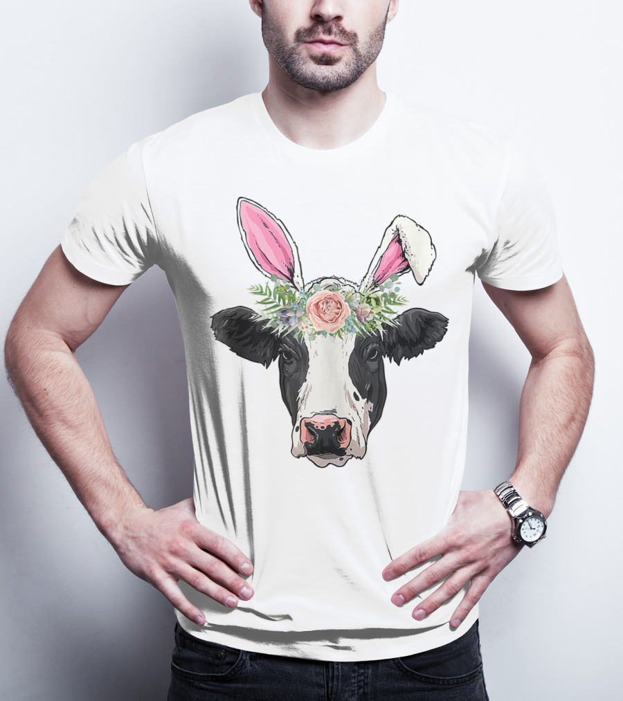 Funny Cow Easter Bunny Flower Crown T-Shirt