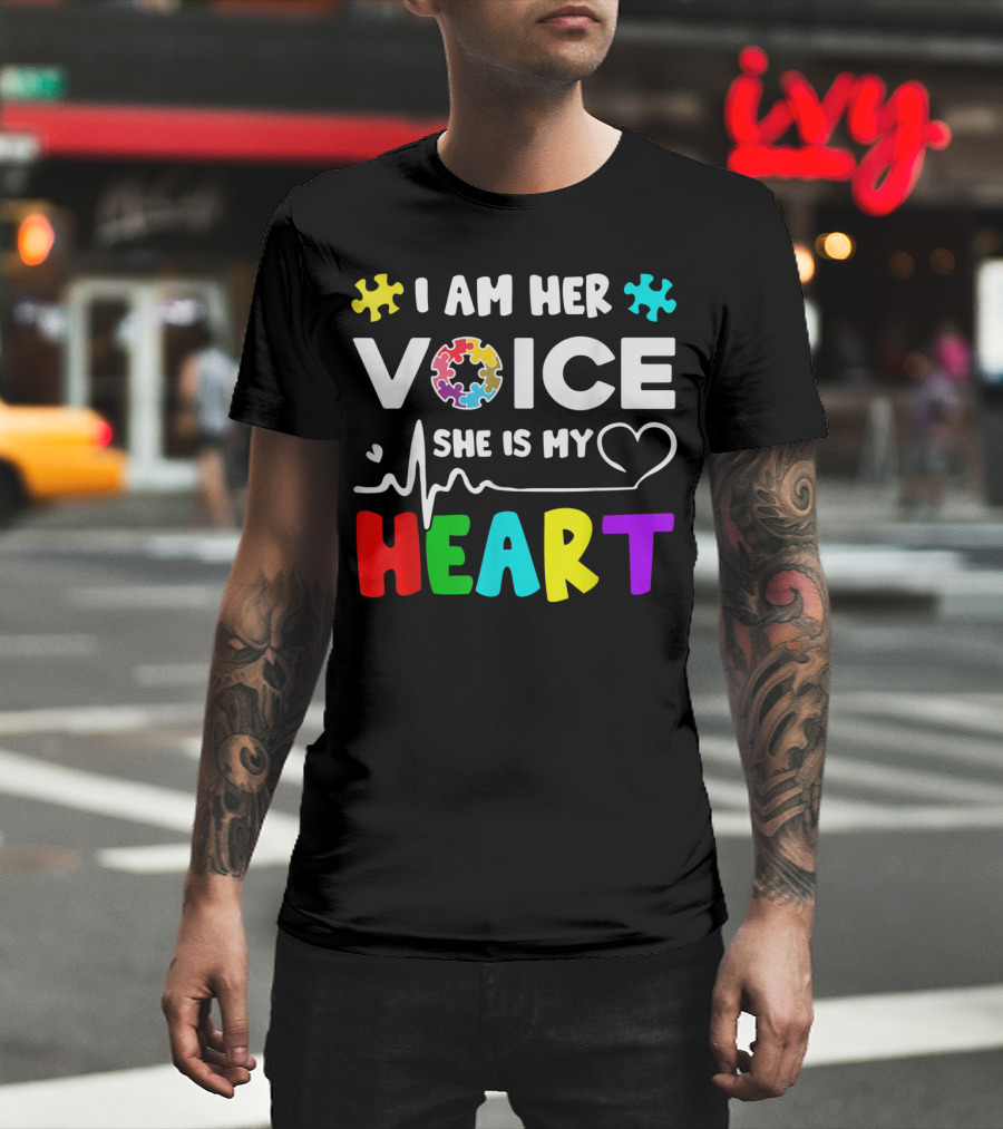 I Am Her Voice She Is My Heart Autism Awareness Puzzle Pieces T-Shirt