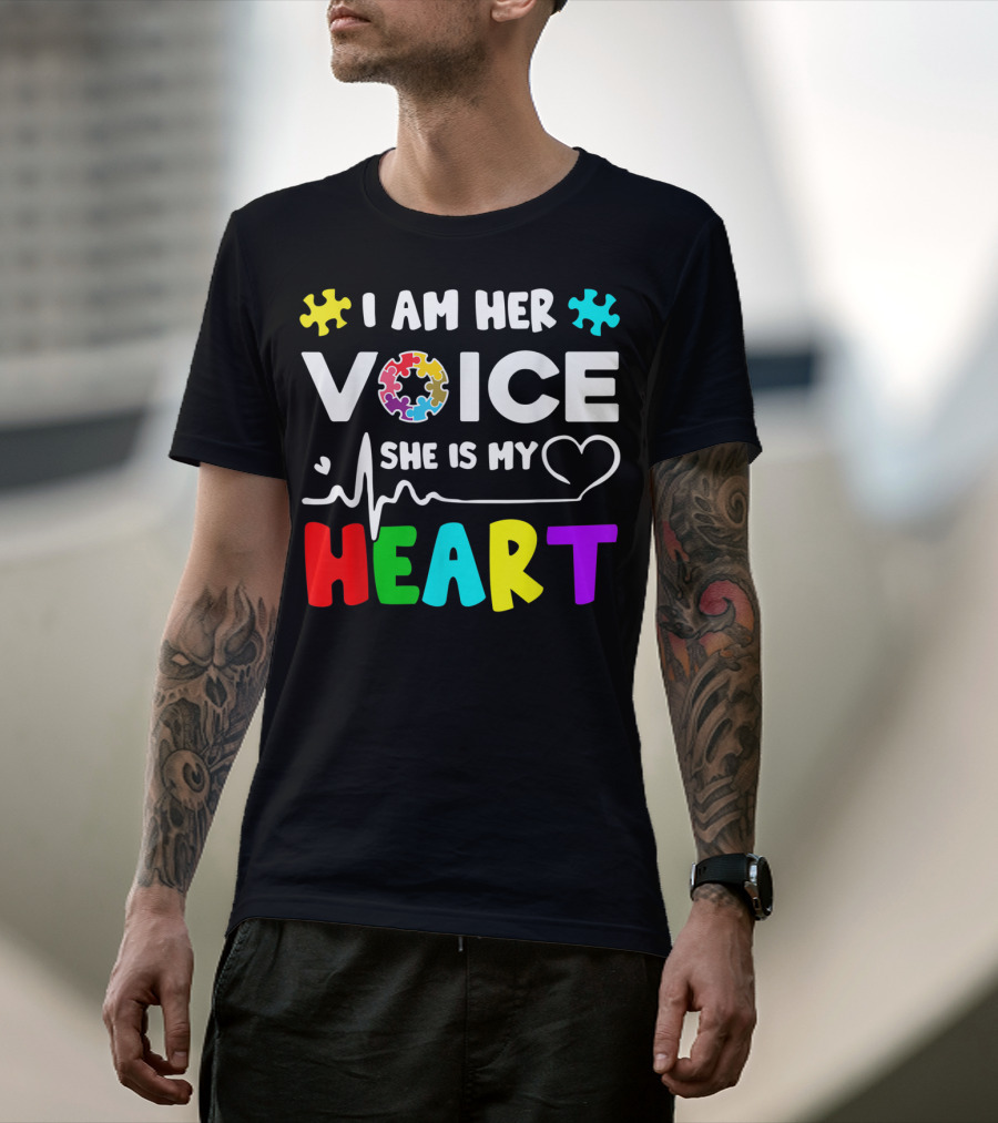 I Am Her Voice She Is My Heart Autism Awareness Puzzle Pieces T-Shirt