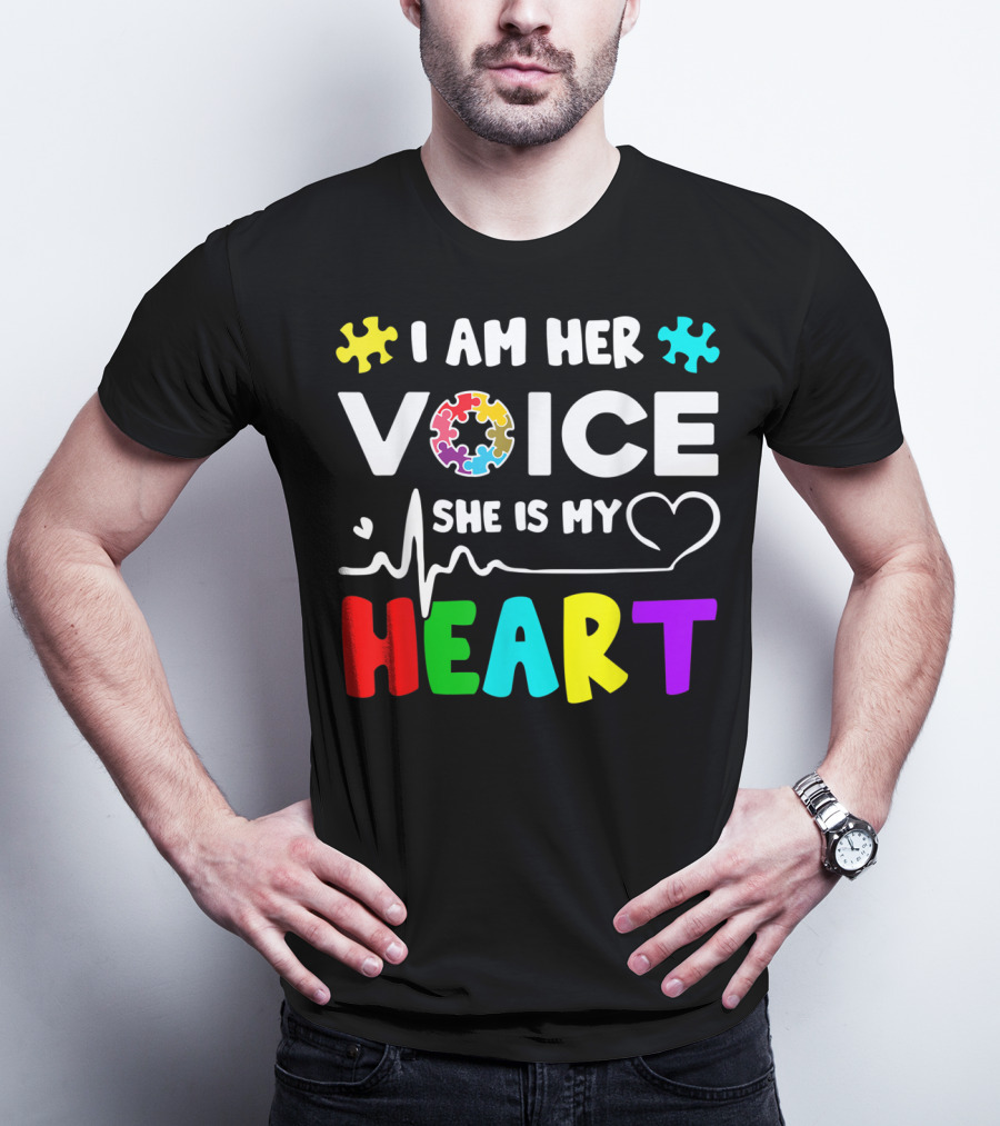 I Am Her Voice She Is My Heart Autism Awareness Puzzle Pieces T-Shirt
