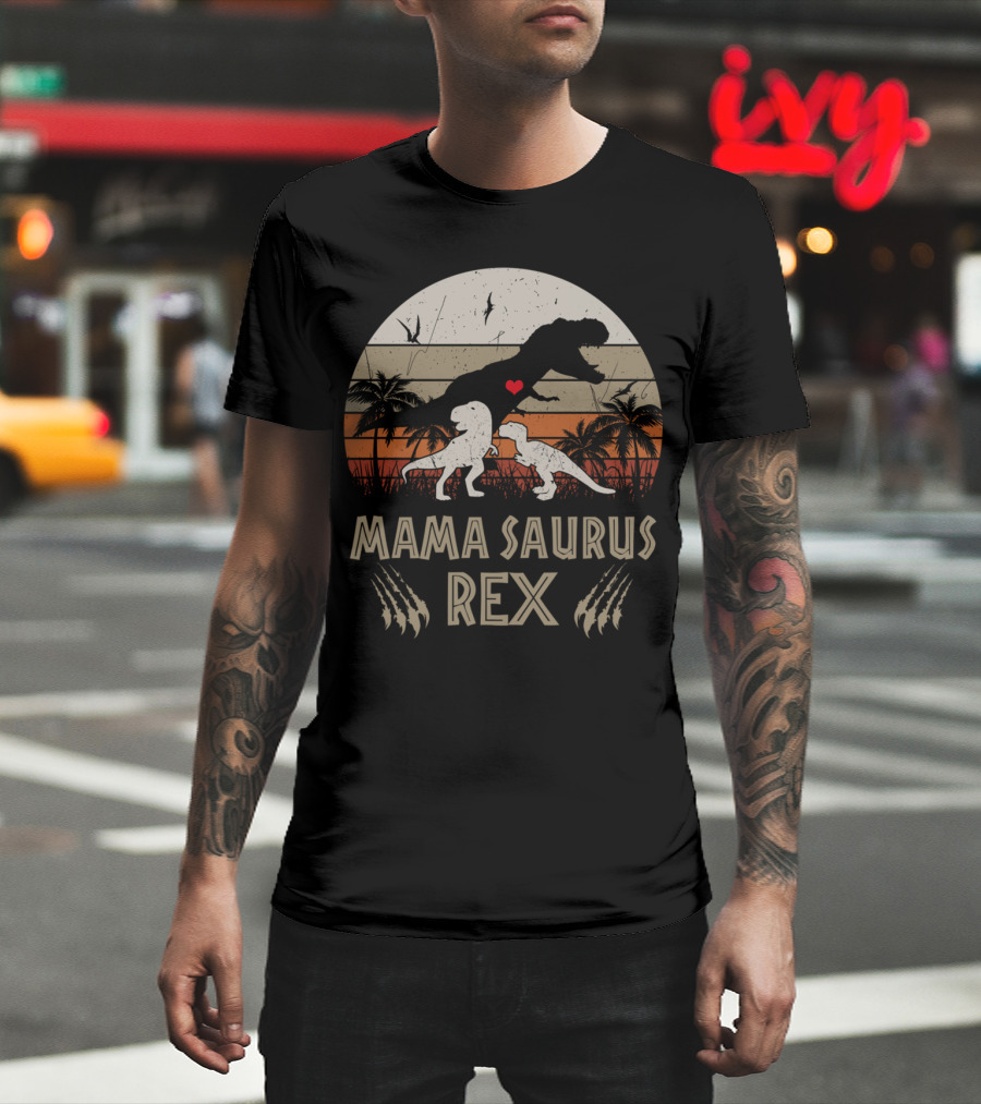 Mamasaurus Rex Cool Mom Dinosaur Scene With Heart And Claw Marks T-Shirt