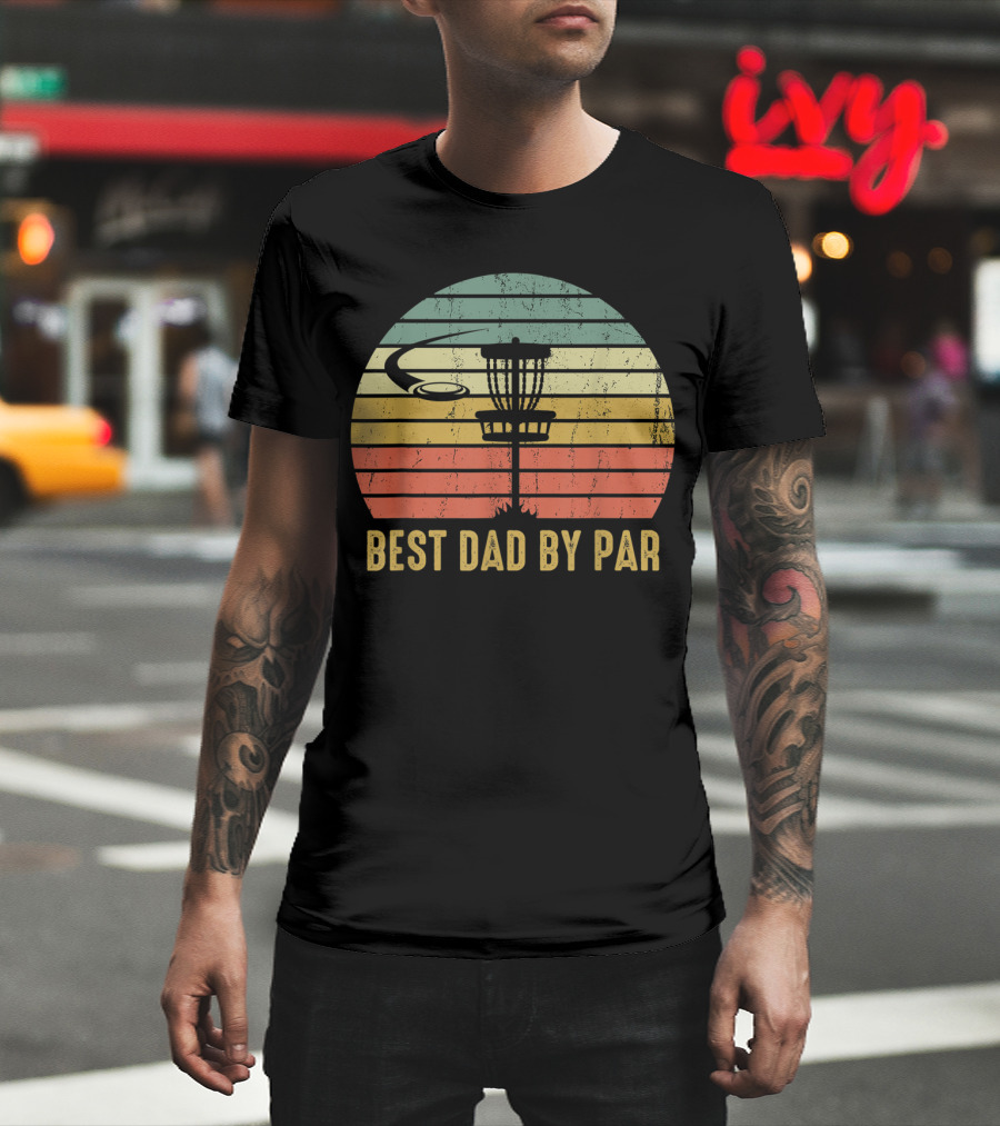 Best Dad By Par Vintage Disc Golf Basket Retro Sunset T-Shirt