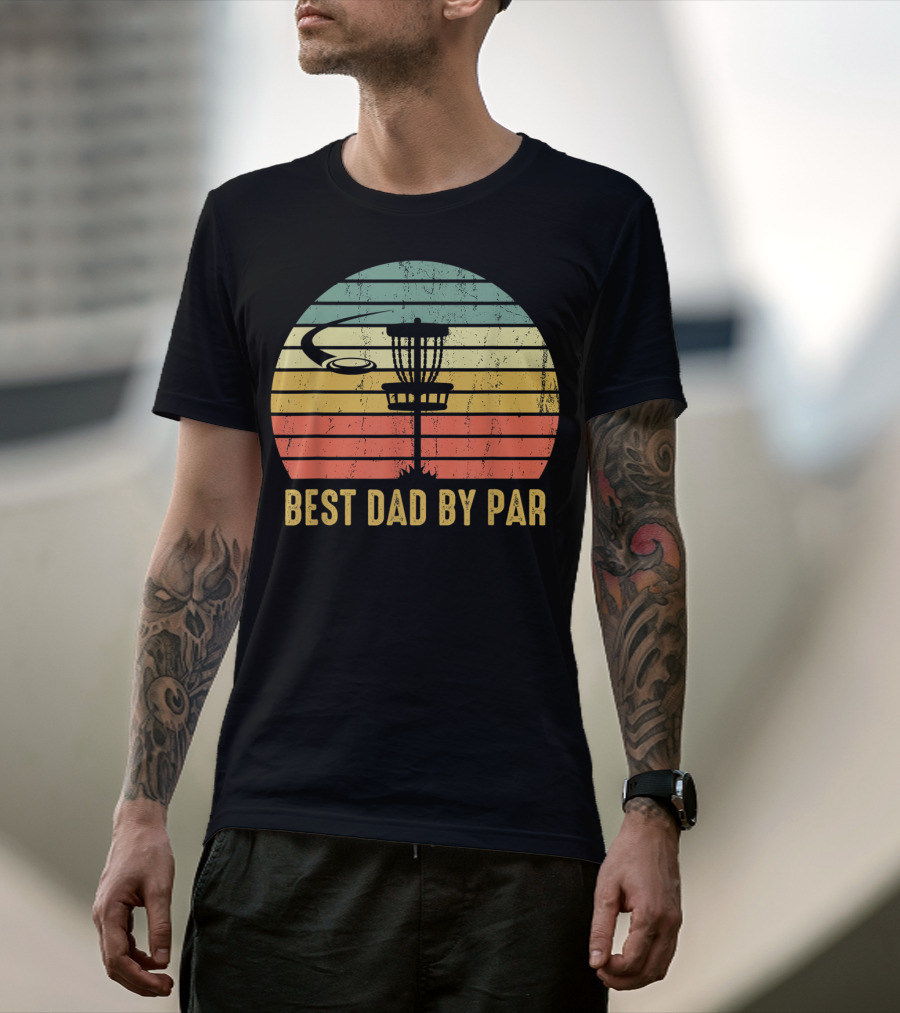 Best Dad By Par Vintage Disc Golf Basket Retro Sunset T-Shirt
