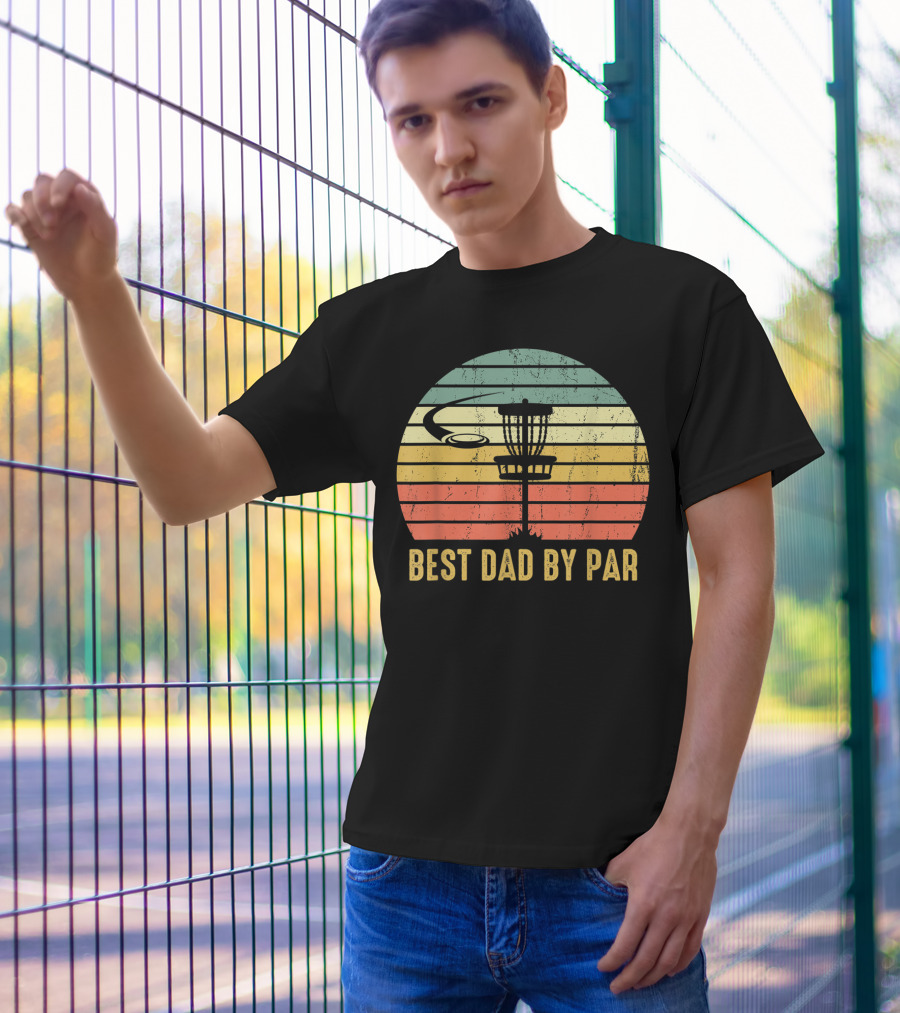 Best Dad By Par Vintage Disc Golf Basket Retro Sunset T-Shirt