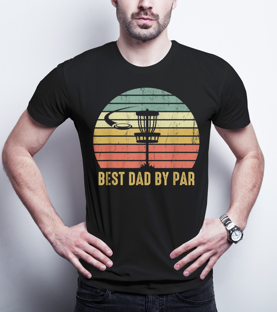 Best Dad By Par Vintage Disc Golf Basket Retro Sunset T-Shirt