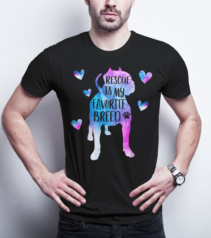 Rescue Is My Favorite Breed Watercolor Pitbull Hearts T-Shirt