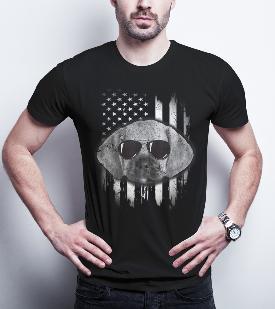 Proud American Puggle With Sunglasses And American Flag Background T-Shirt