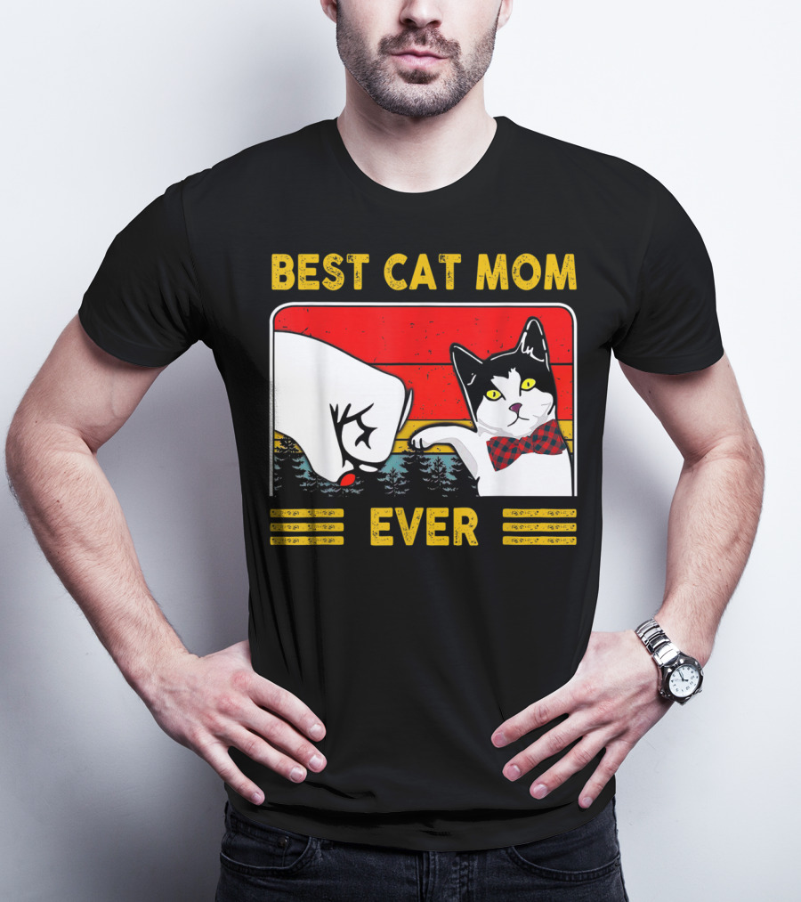 BEST CAT MOM EVER Retro Vintage Cat With Fist Bump And Bow Tie T-Shirt