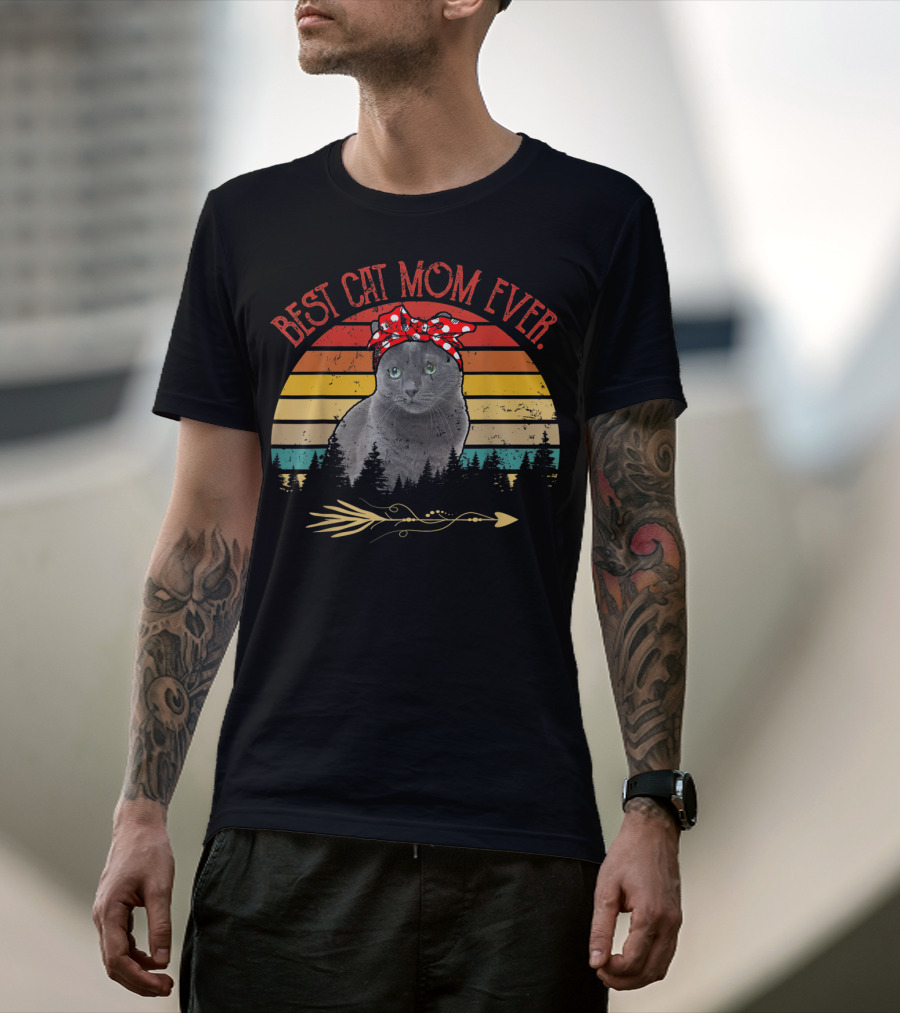 Best Cat Mom Ever Vintage Russian Blue Cat Sunset T-Shirt
