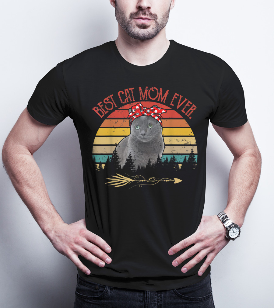 Best Cat Mom Ever Vintage Russian Blue Cat Sunset T-Shirt