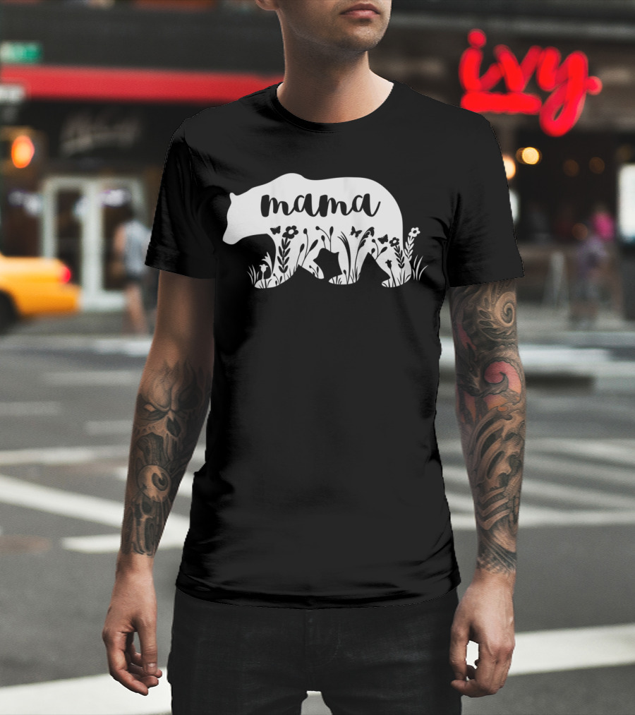 Mama Bear Floral With Flowers And Butterflies Motif T-Shirt
