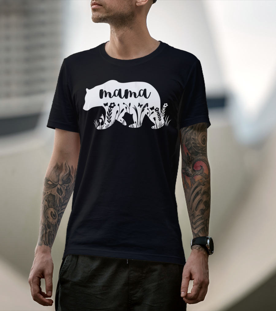 Mama Bear Floral With Flowers And Butterflies Motif T-Shirt