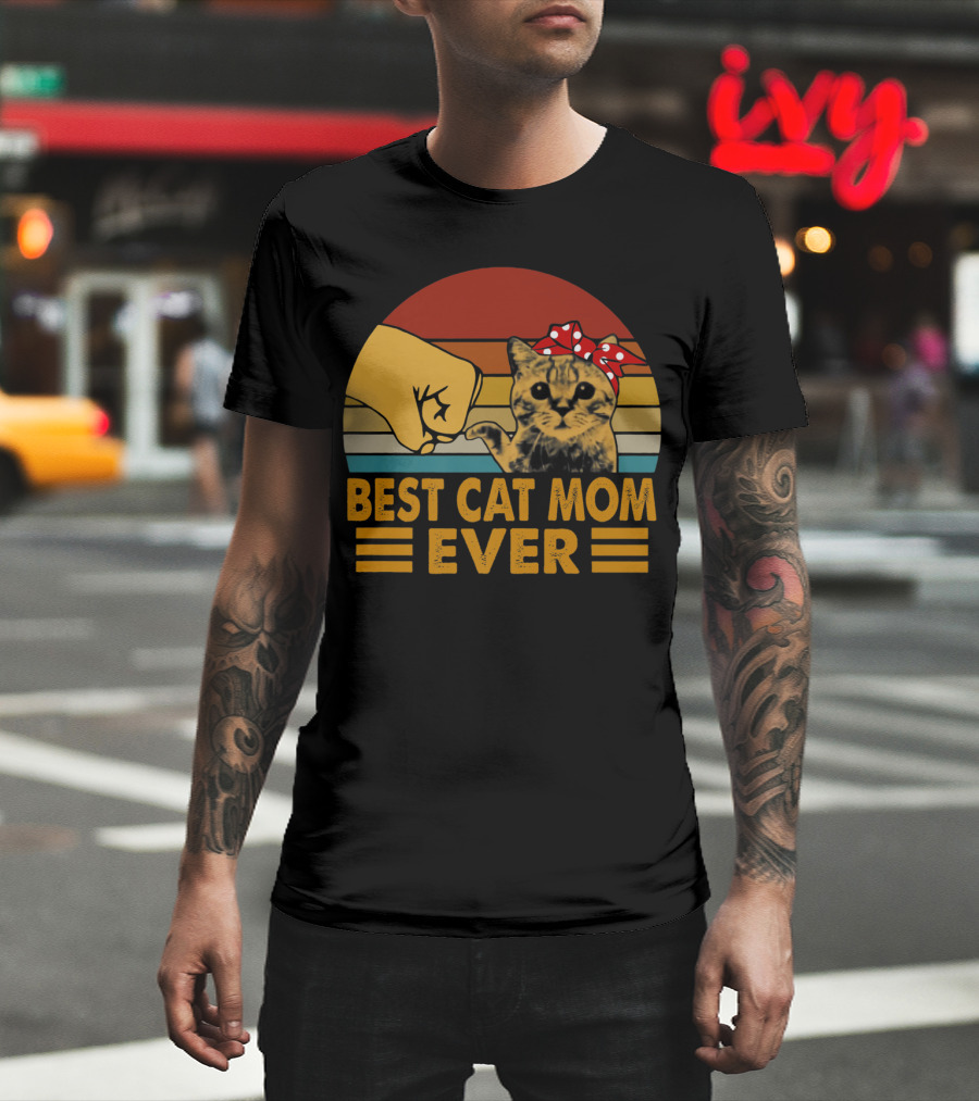 Best Cat Mom Ever Vintage Fist Bump With Cat Bow Stripes T-Shirt