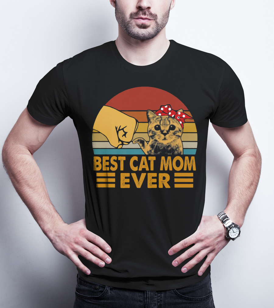 Best Cat Mom Ever Vintage Fist Bump With Cat Bow Stripes T-Shirt
