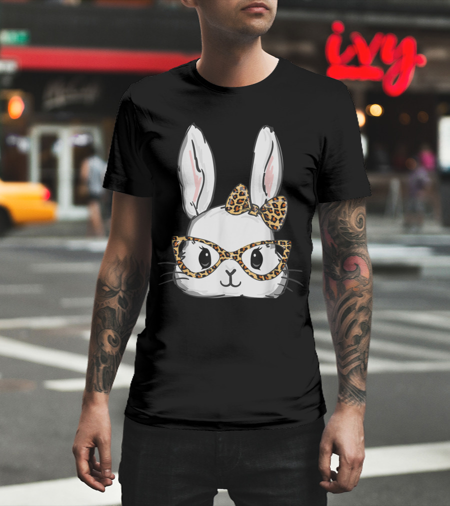 Bunny Rabbit Leopard Glasses Bow Easter T-Shirt